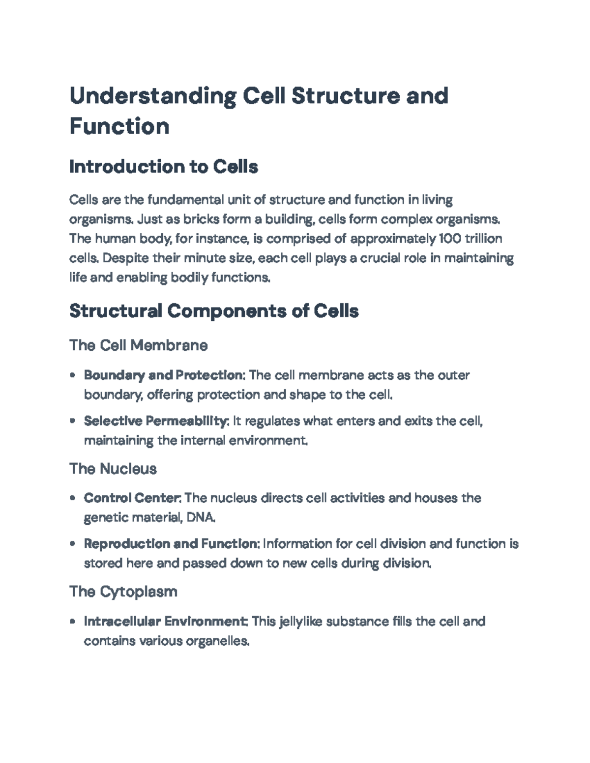 Cell Structure & Function: A Comprehensive Overview for Biology 101 - Studocu