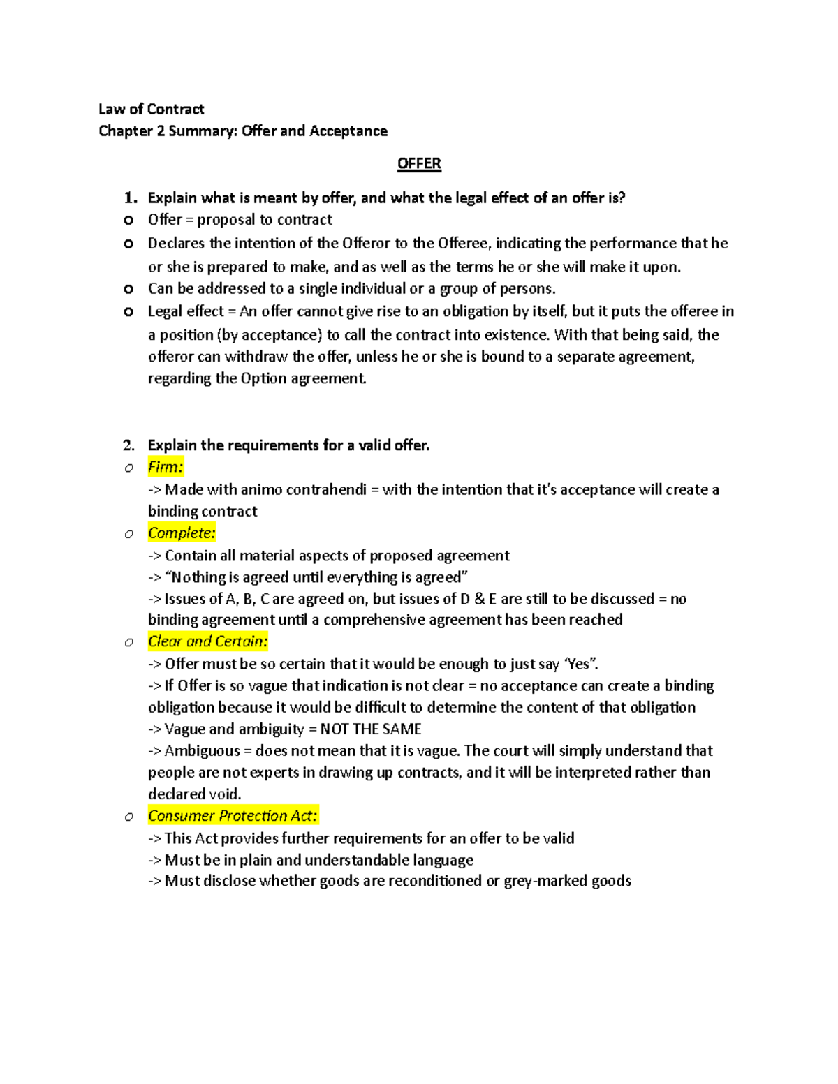 JLC- Contract Law Chapter 2 Summary: Offer and Acceptance Explained ...