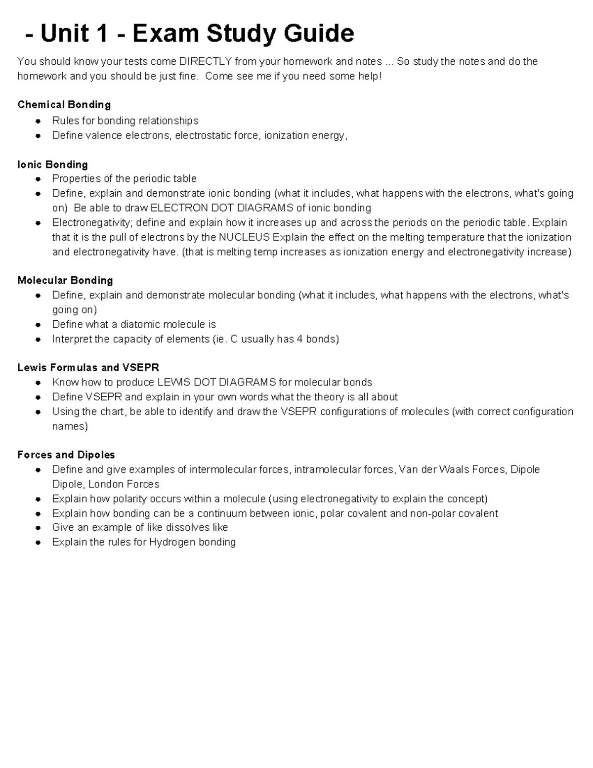 Chemical Bonding Review Booklet - Unit 1 - Exam Study Guide You should ...