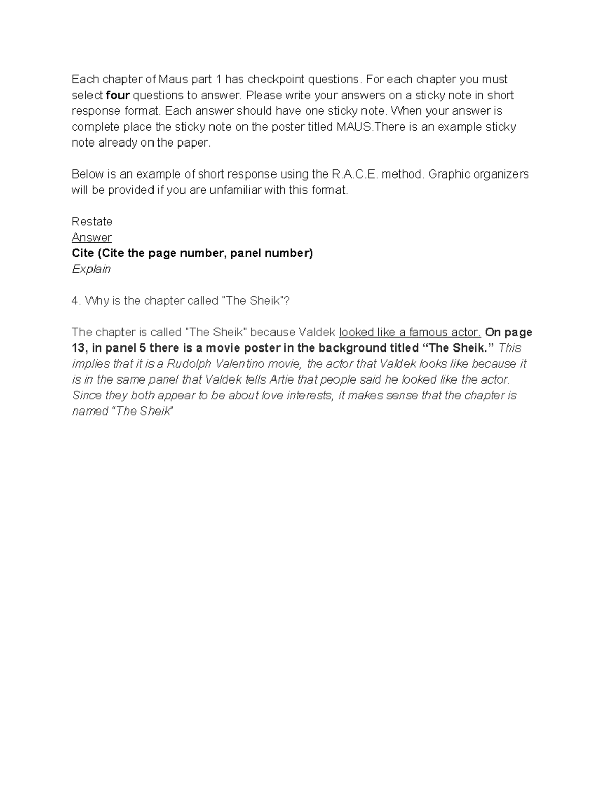 Maus Checkpoint directions - Each chapter of Maus part 1 has checkpoint ...