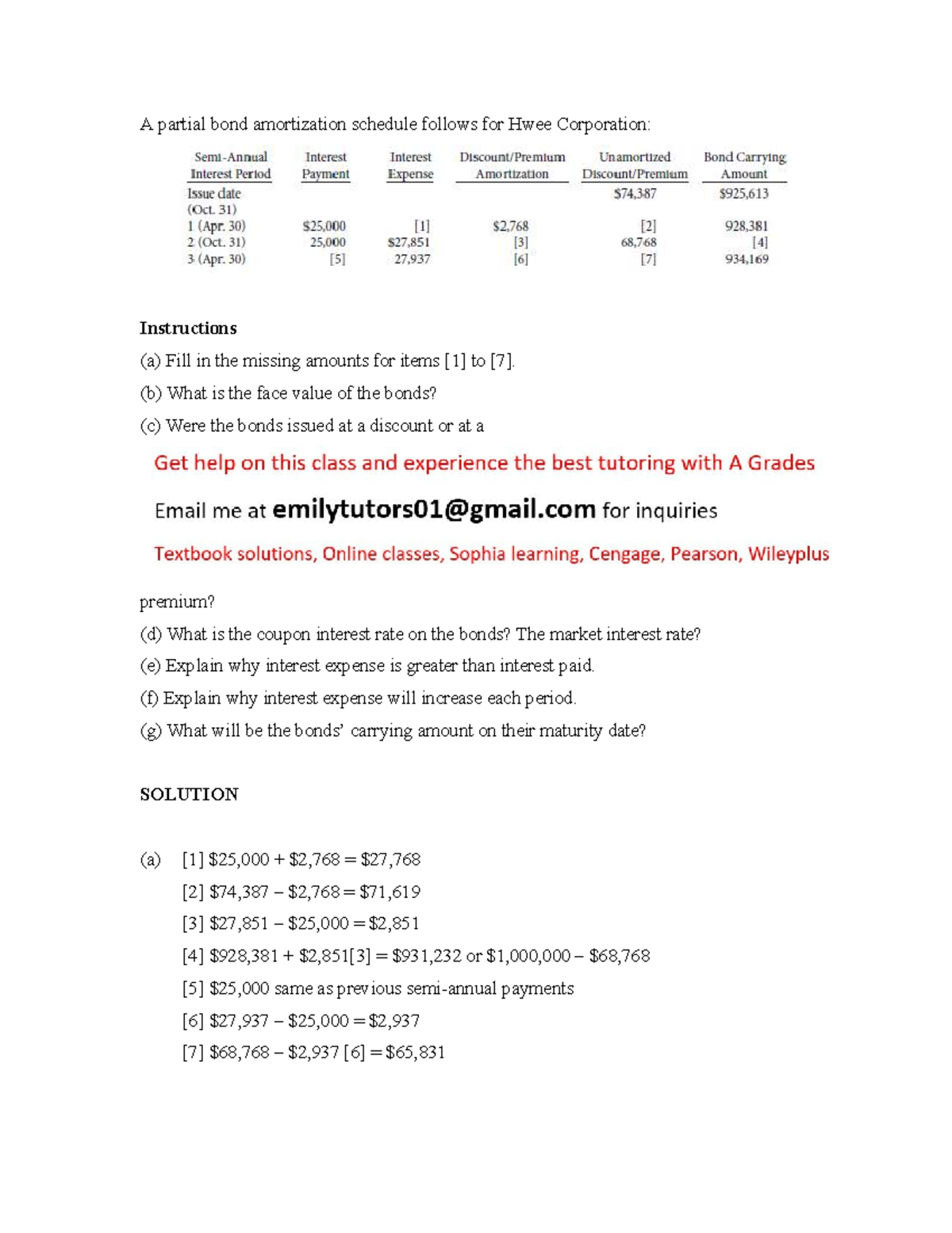 Bond Amortization Schedule Analysis for Hwee Corp: Instructions ...