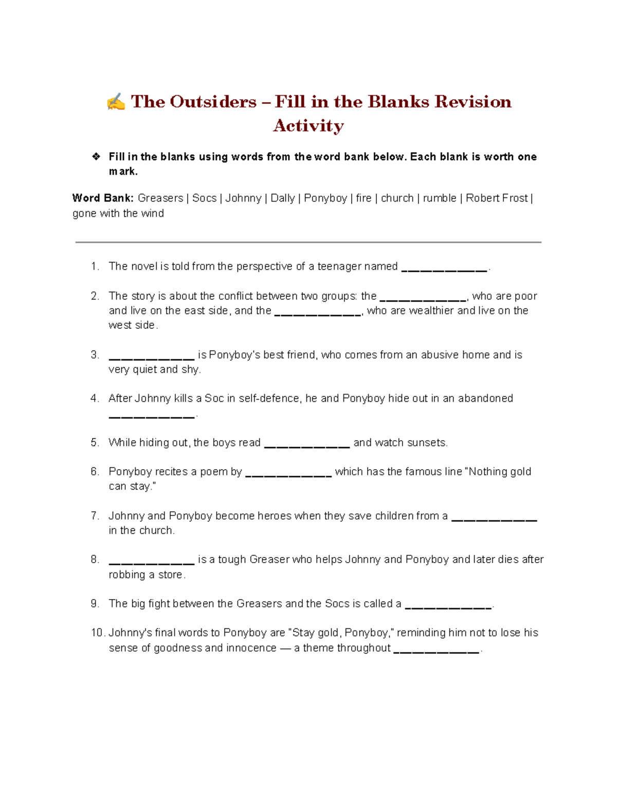 The Outsiders (ENG 101) Revision Activity: Fill in the Blanks ...
