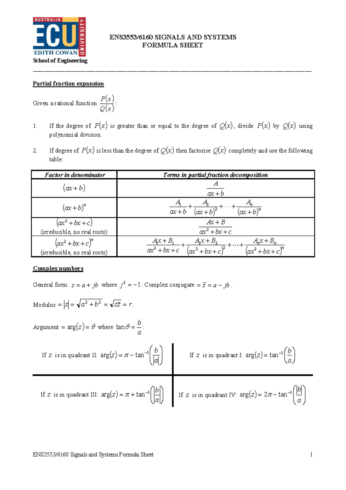 Signals and Systems Formula Sheet (ENGR 101) - Studocu