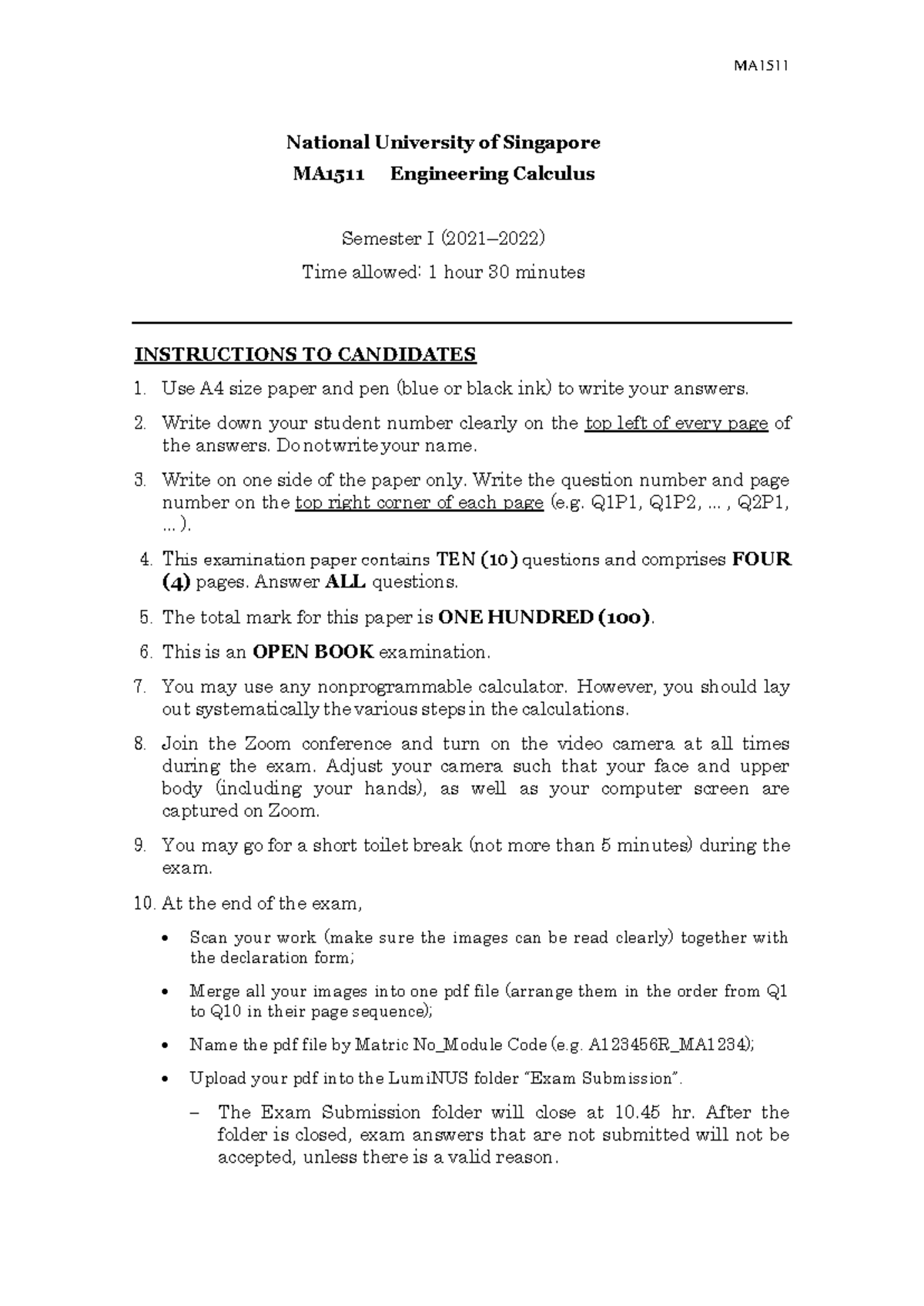 MA1511 Engineering Calculus Semester I 2021S1 Exam Paper - Studocu