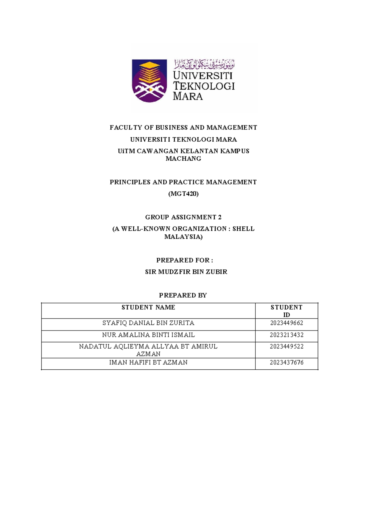 MGT 420 Group Assignment 2: Analysis of Shell Malaysia's Management ...