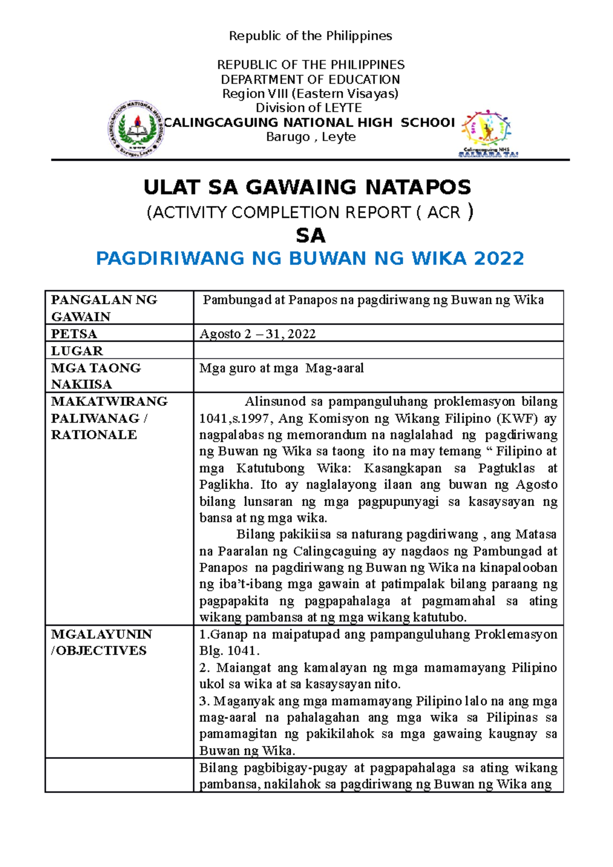 ACR NG BUWAN NG WIKA 2022 - Ulat sa Pambungad at Panapos na Pagdiriwang ...