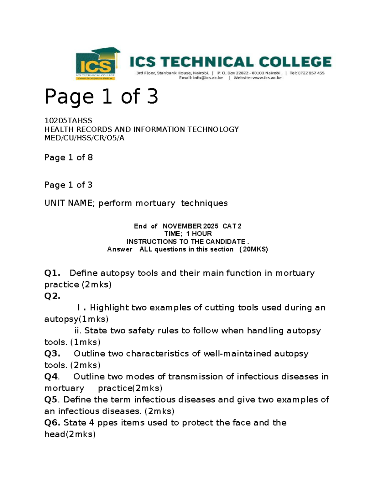 10205TAHSS Mortuary Techniques: CAT 2 Exam Preparation Guide - Studocu