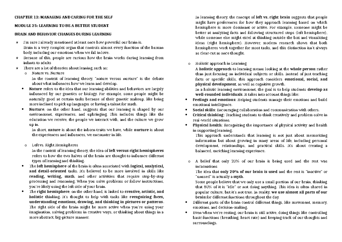 CHAPTER 12: LECTURE NOTES ON MANAGING AND CARING FOR THE SELF - Studocu