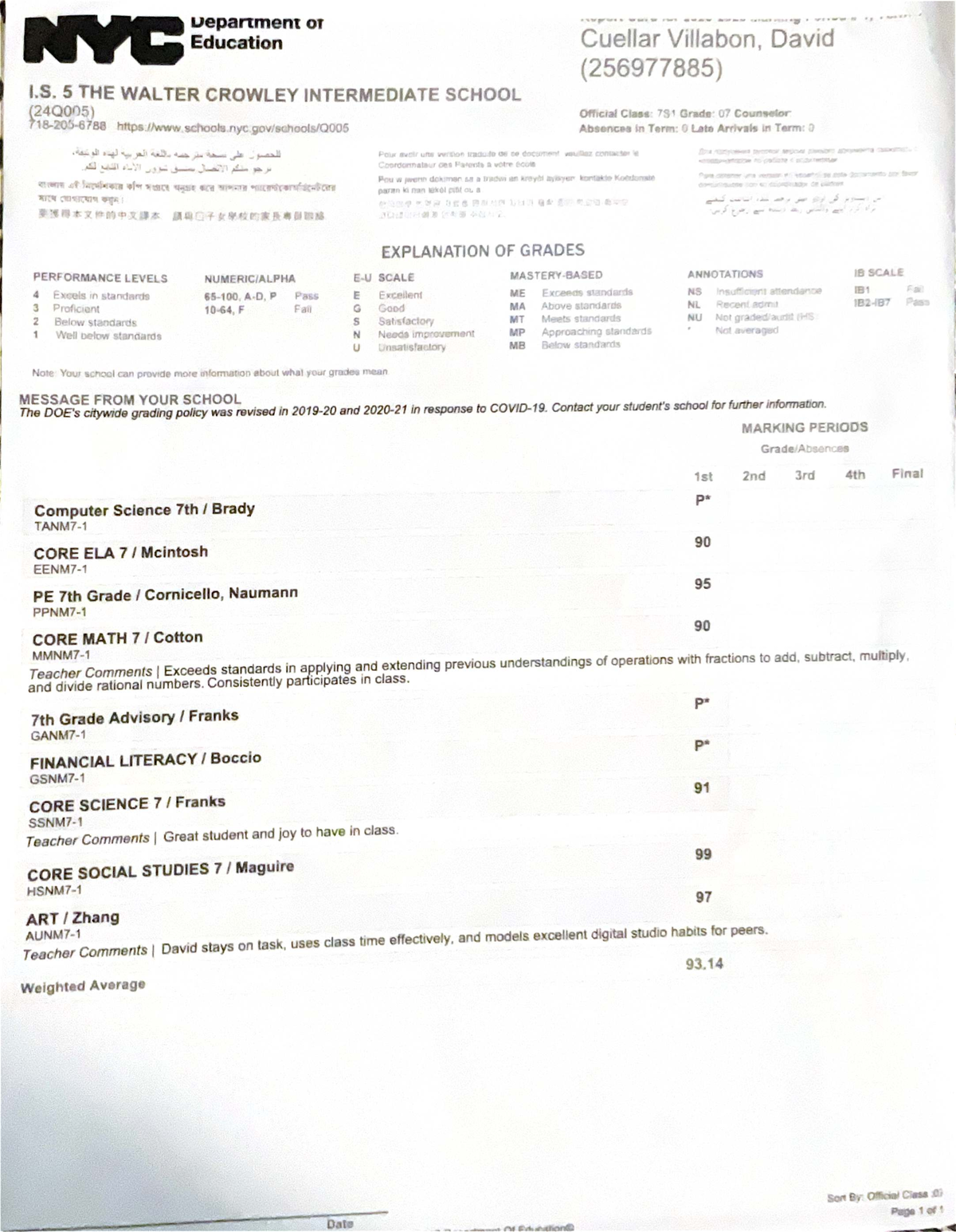NYC 24Q005 Grade 7 Report Card for David Cuellar Villabon - Studocu