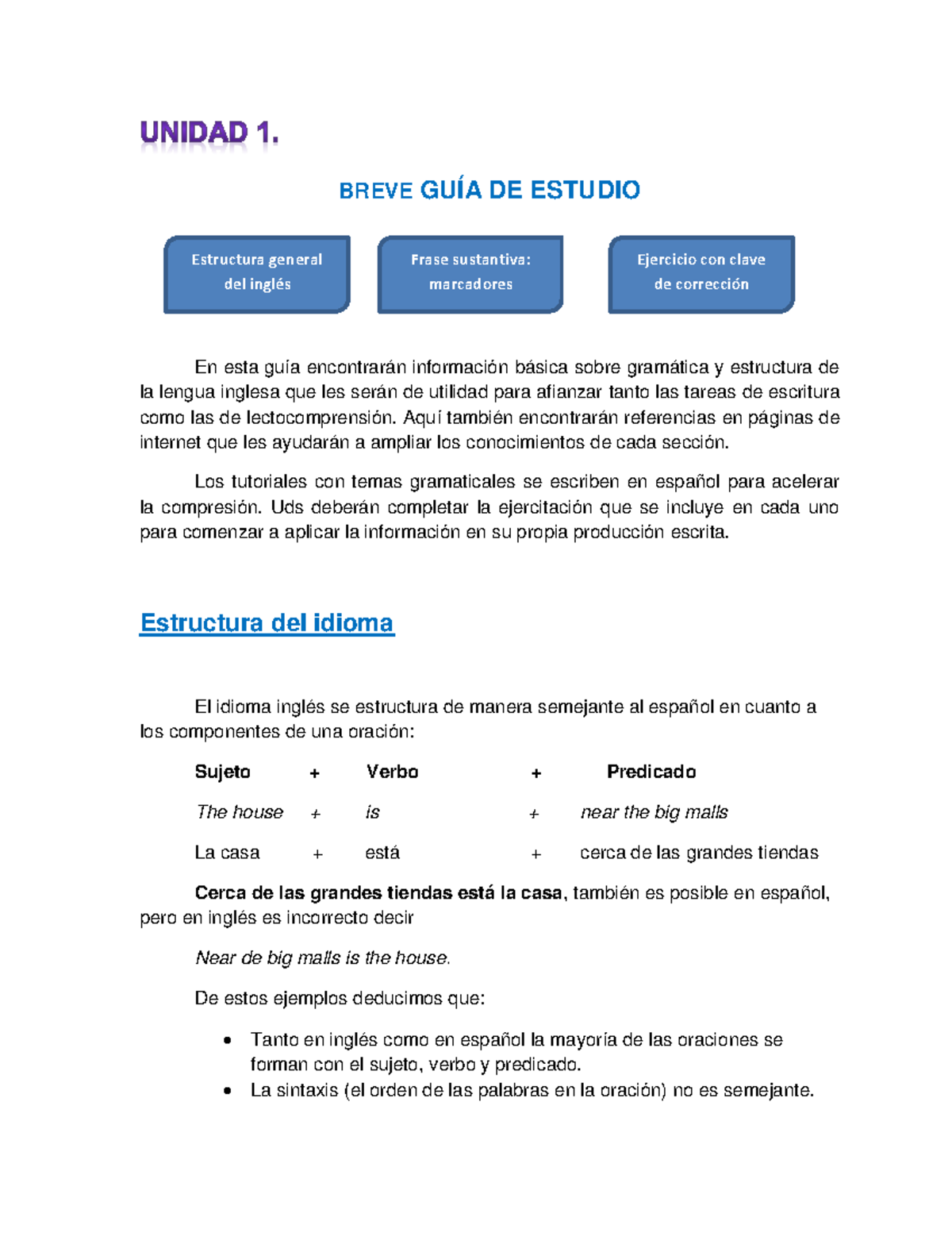 Unidad 1: Breve Guía de Estudio sobre Estructura del Inglés - Studocu