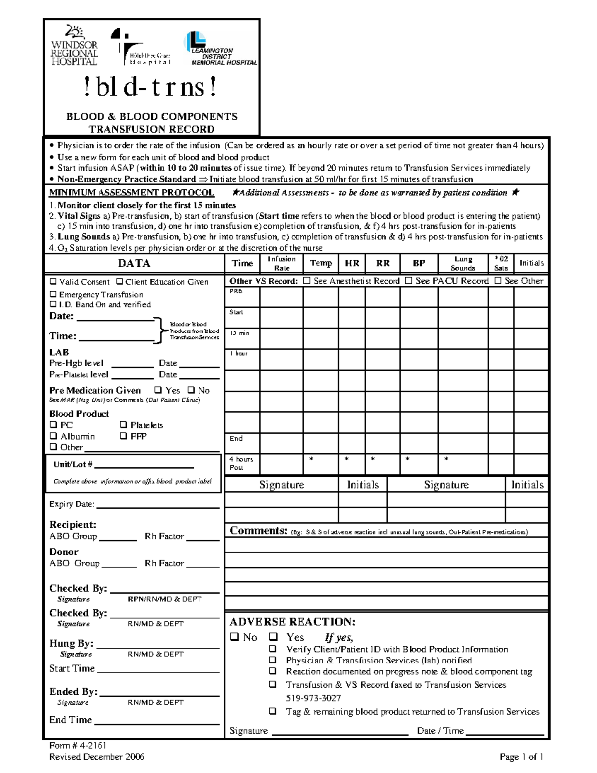 Blood Transfusion Record to review - Blood or Blood Products from Blood ...