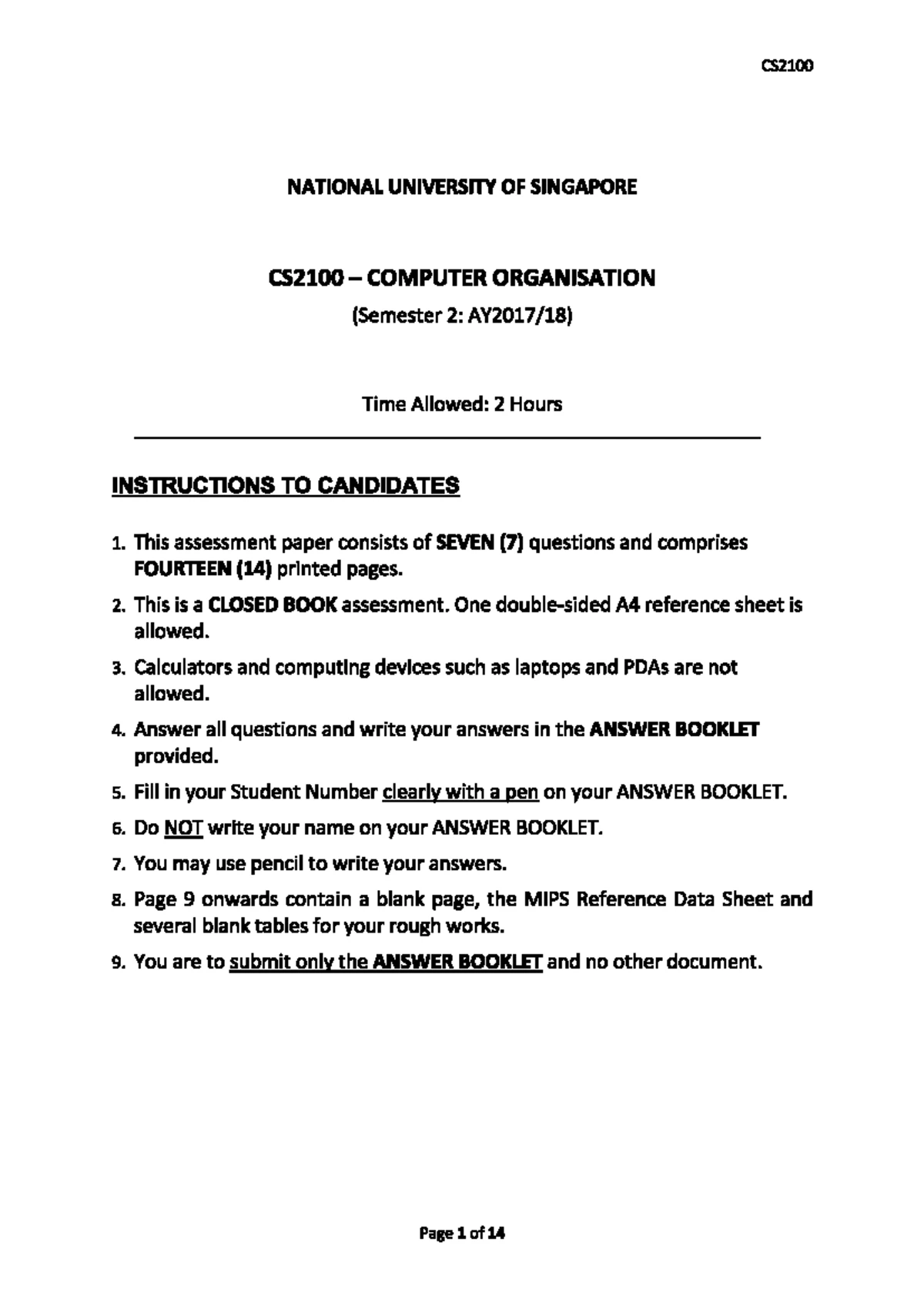 CS2100 Finals 2122s1 Questions - CS2100 NATIONAL UNIVERSITY OF ...