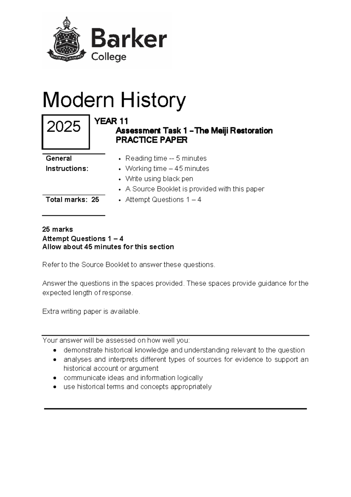 Modern History 2025 Year 11 Assessment Task 1: Meiji Restoration ...