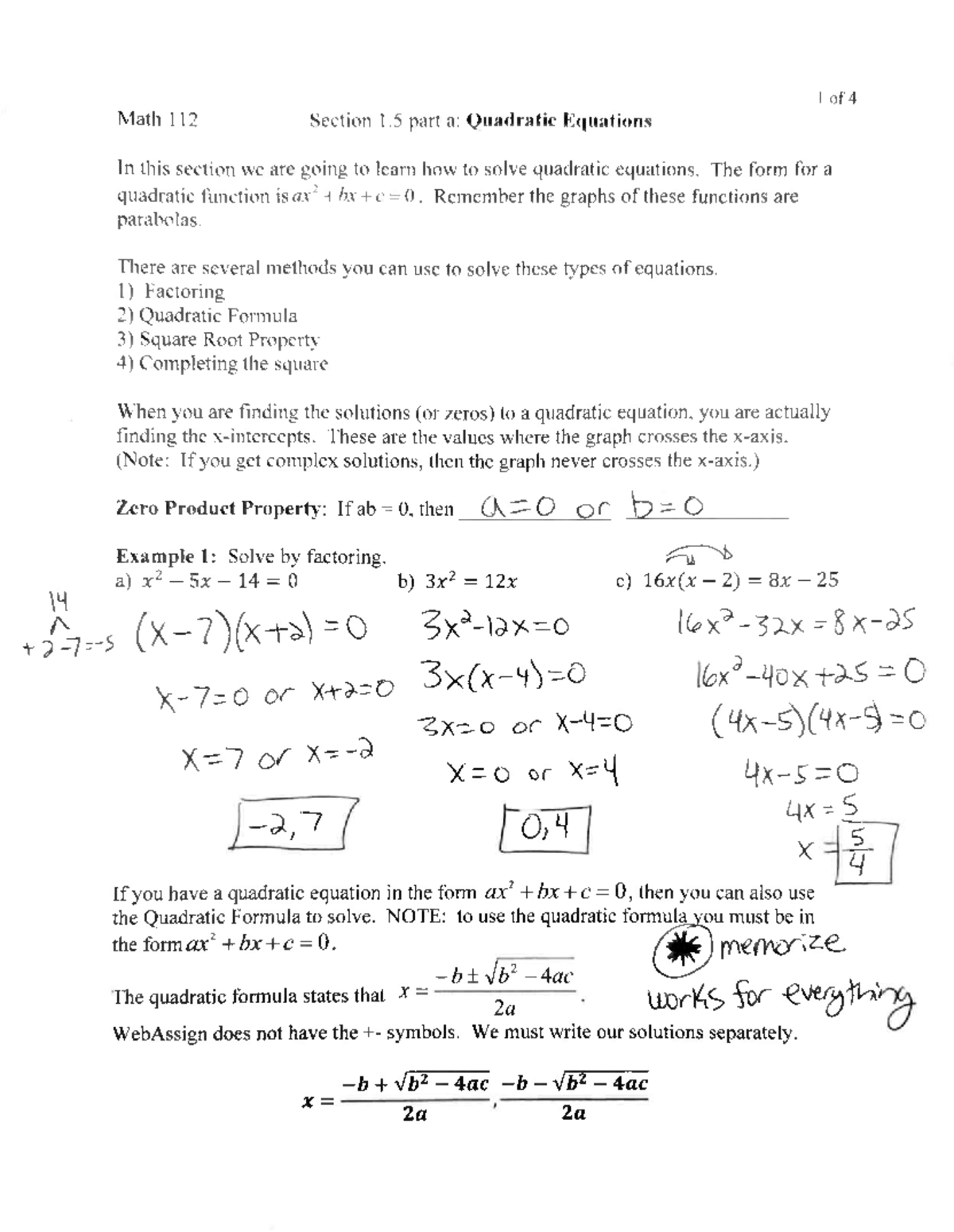 Math 112: Section 1.5 - Quadratic Equations Completed Notes - Studocu