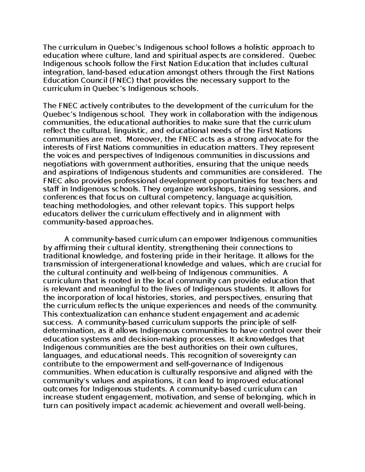 Essay 2: Holistic Curriculum in Quebec's Indigenous Education - Studocu