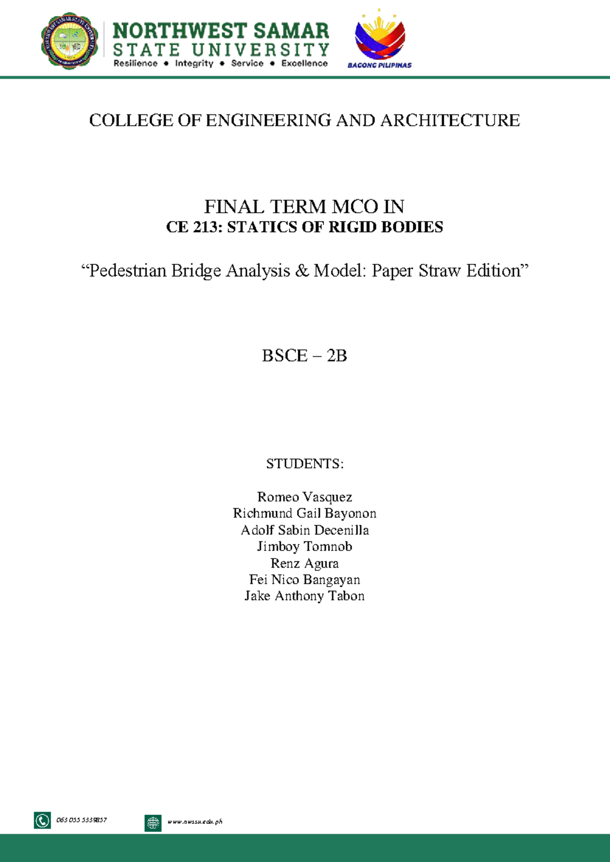 CE 213: Final Term Project on Paper Straw Bridge Analysis - Studocu