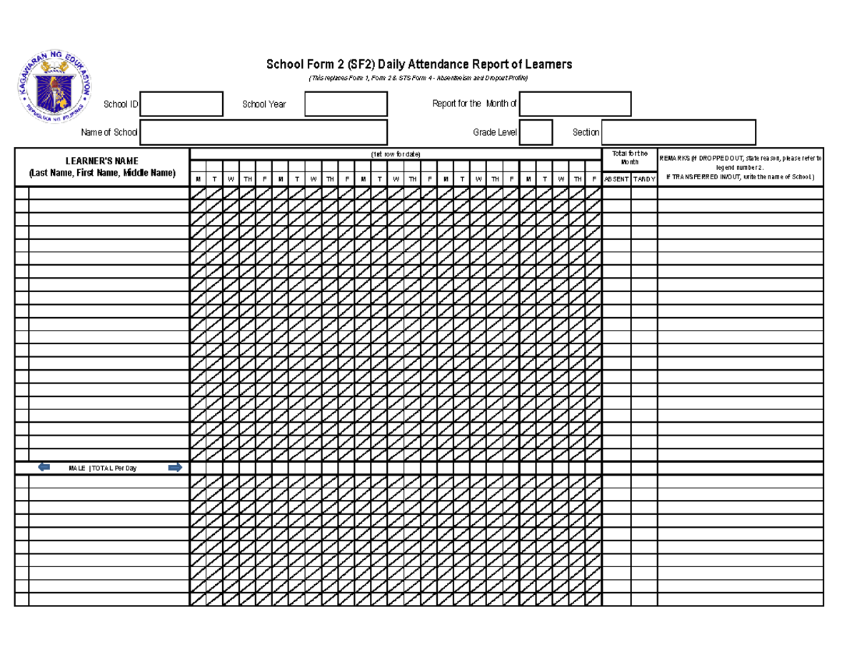 SF 2 Daily Attendance Report for Learners: Monthly Overview - Studocu