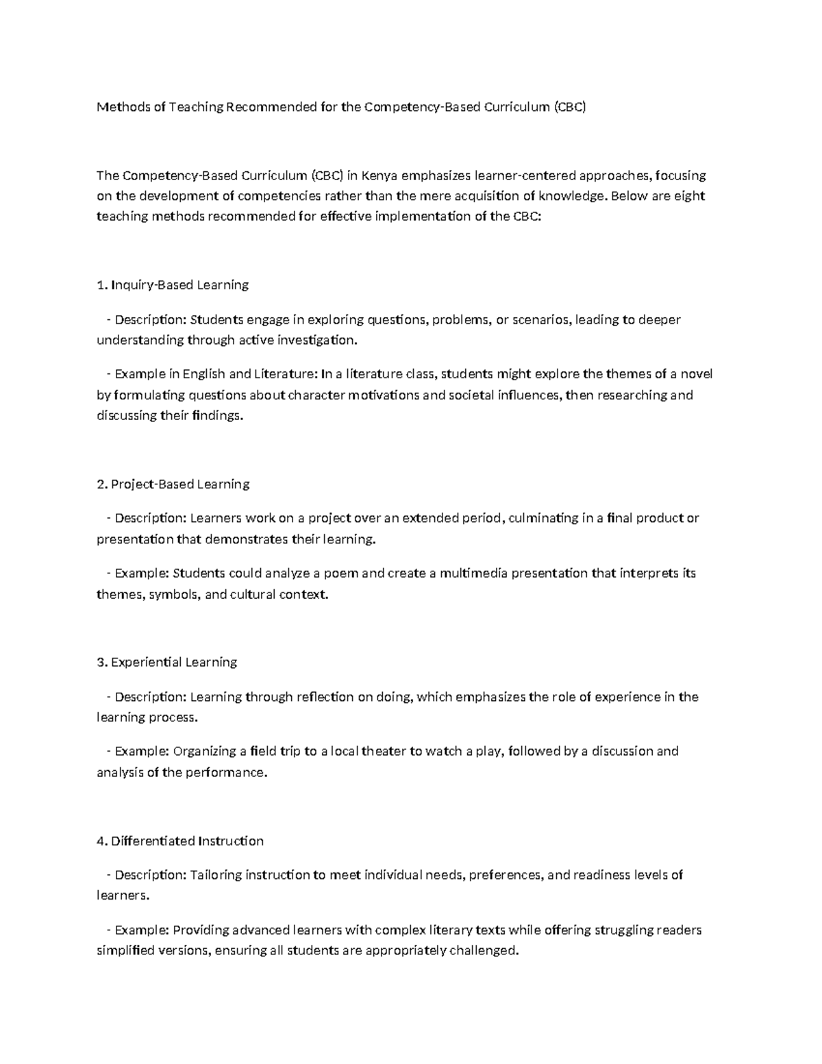 Recommended Teaching Methods for CBC Curriculum in Kenya - Studocu