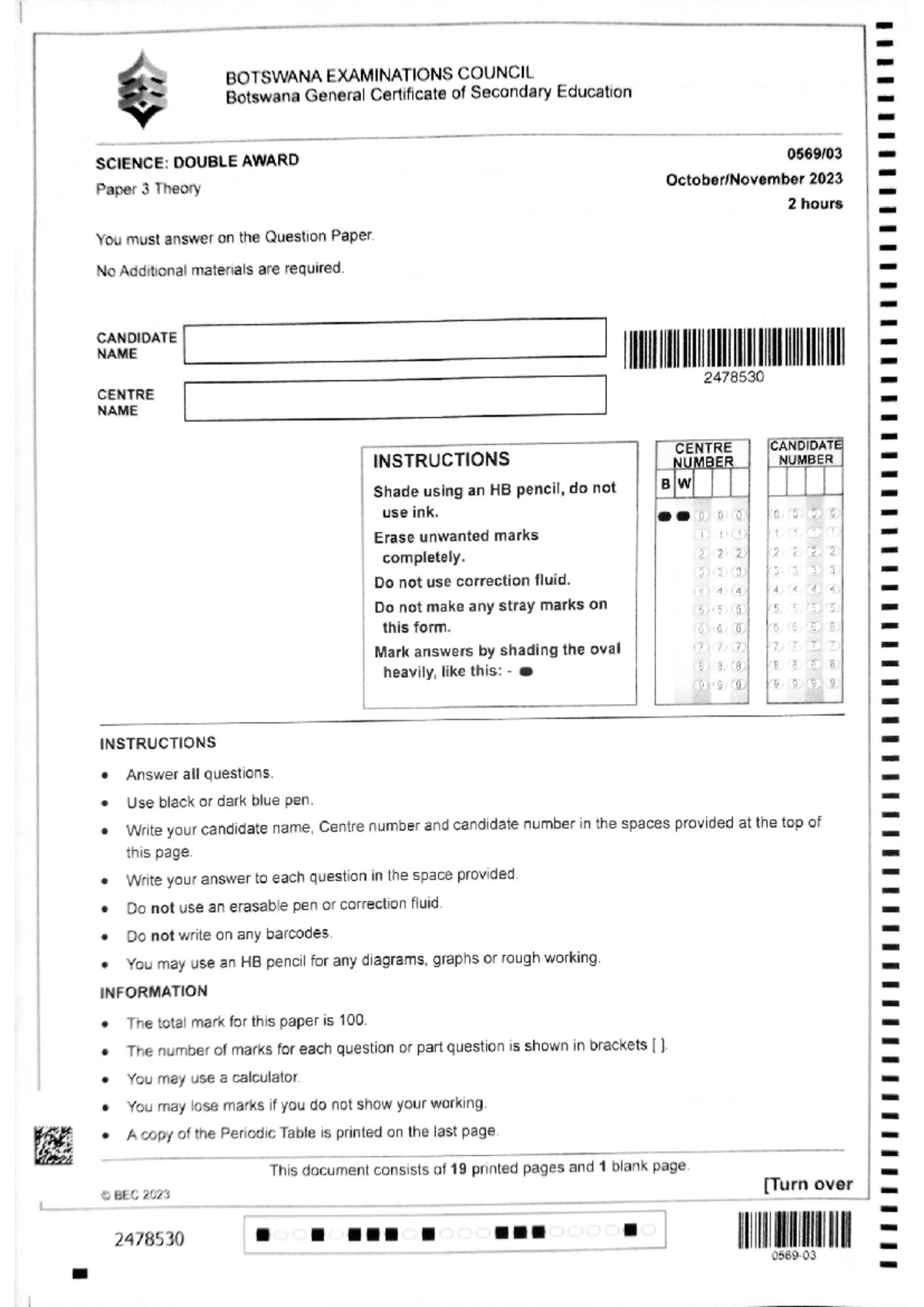 2023 BEC SCIENCE DOUBLE AWARD Paper 3 Theory Examination Guide - Studocu