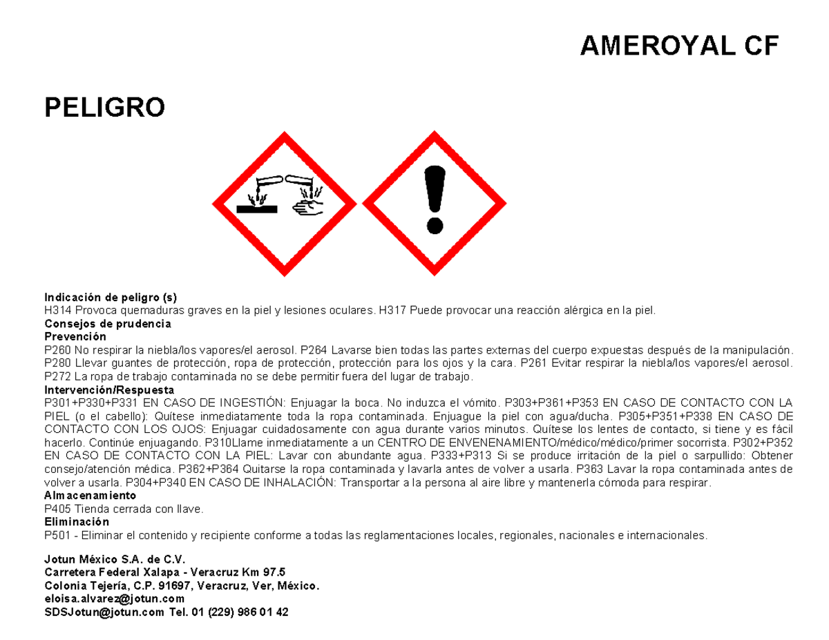 Etiqueta de quimico - NOMKJL - PELIGRO Indicación de peligro (s) H314 ...