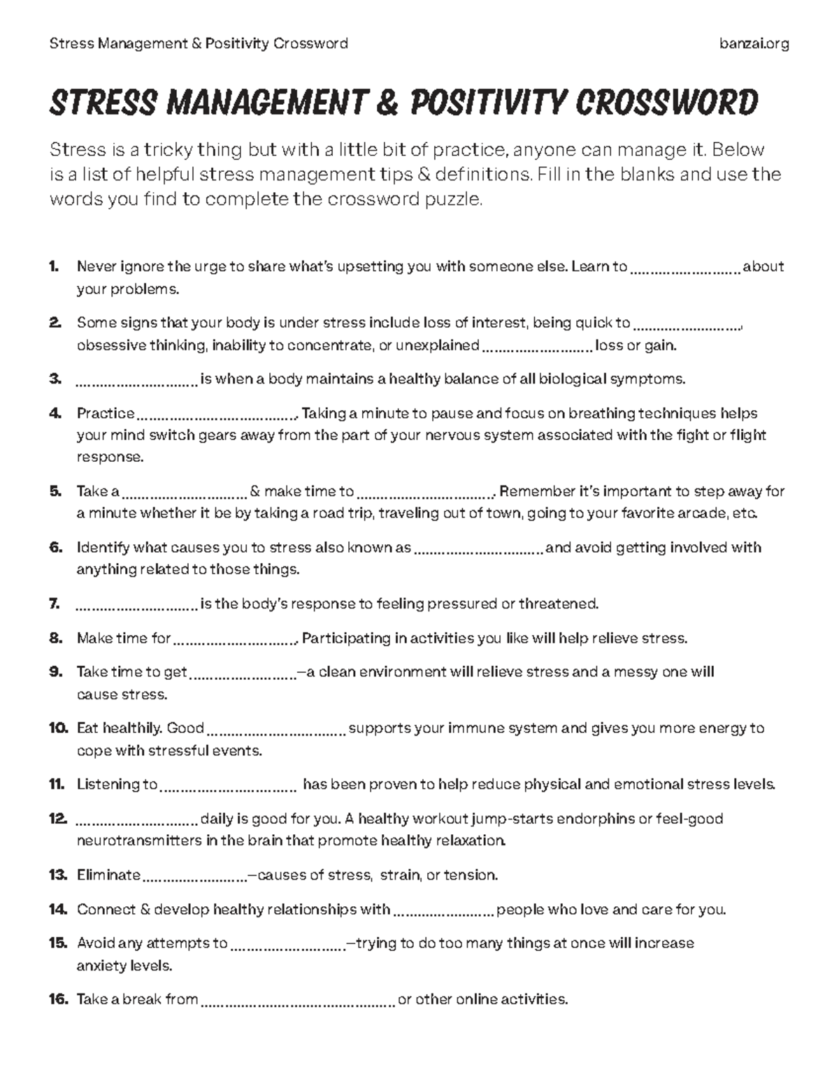 Stress Management Positivity Crossword Puzzle Guide - Studocu