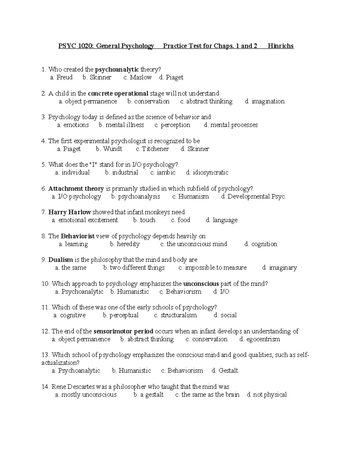 PSYC 1020: General Psychology Practice Test for Chapters 1 & 2 - PSYC ...