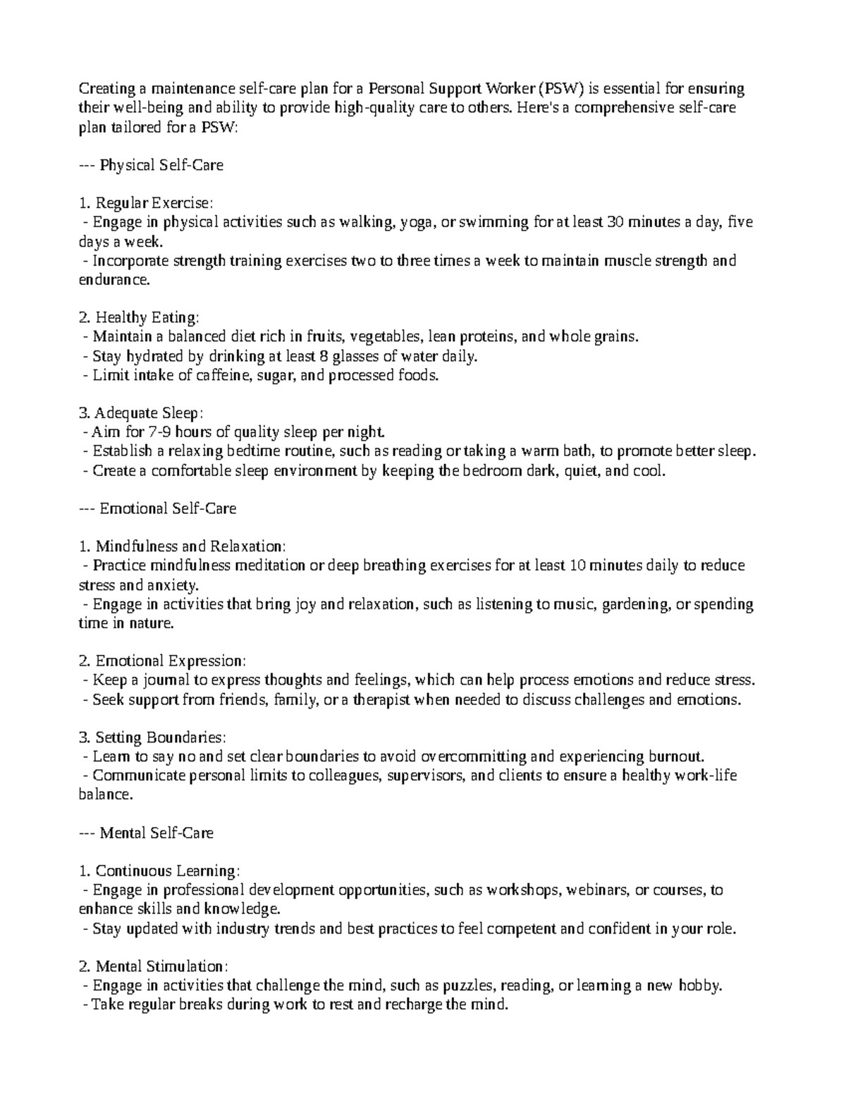 PSW 101: Comprehensive Self-Care Maintenance Plan for Personal Support ...
