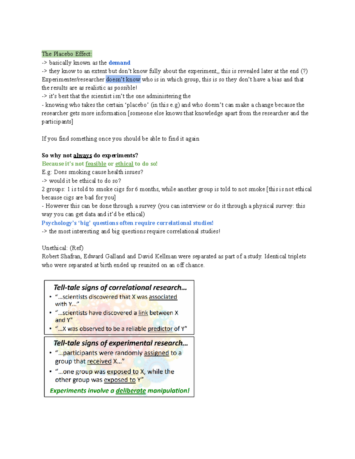 Intro to Psych Lecture Notes PT - The Placebo Effect: -> basically ...