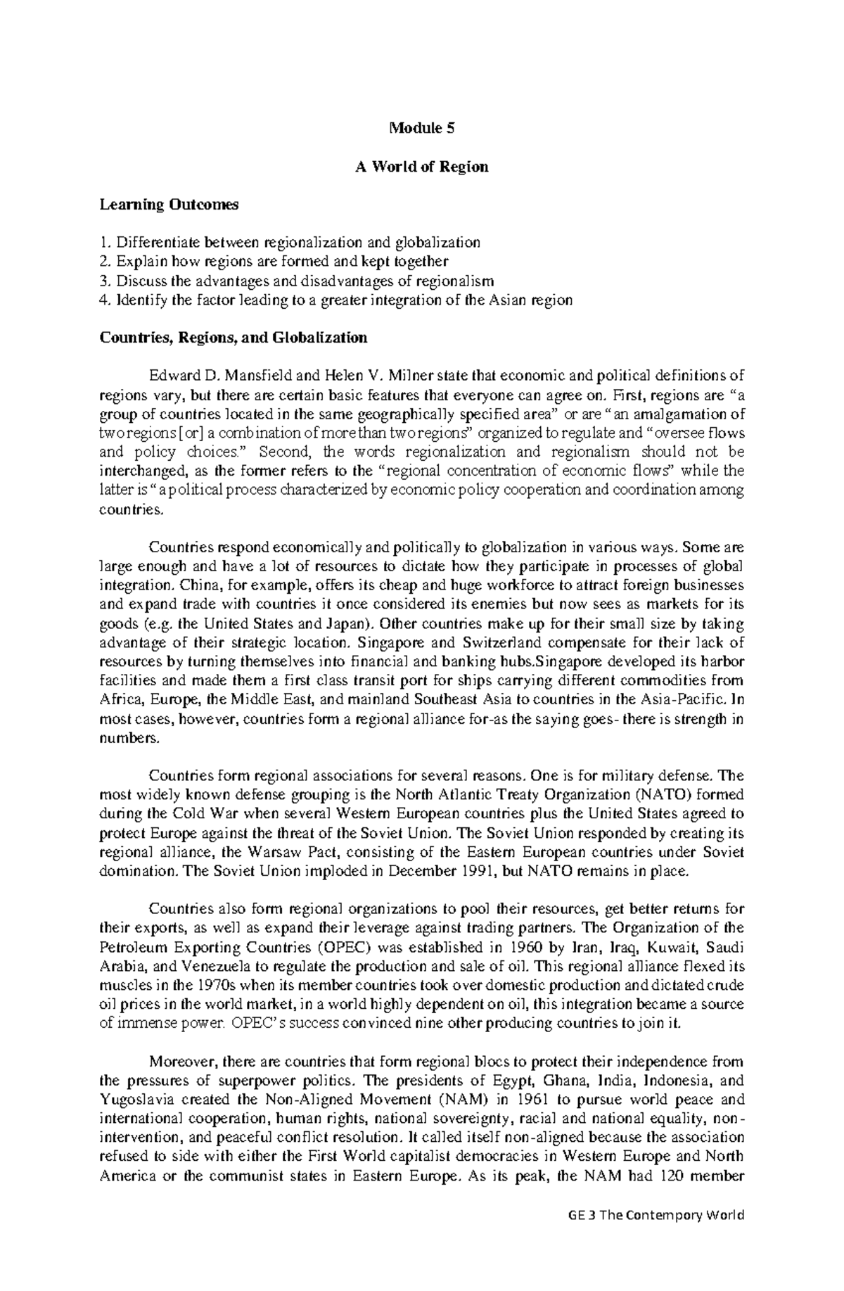 Module 5: Regionalization vs. Globalization in the Contemporary World - Studocu