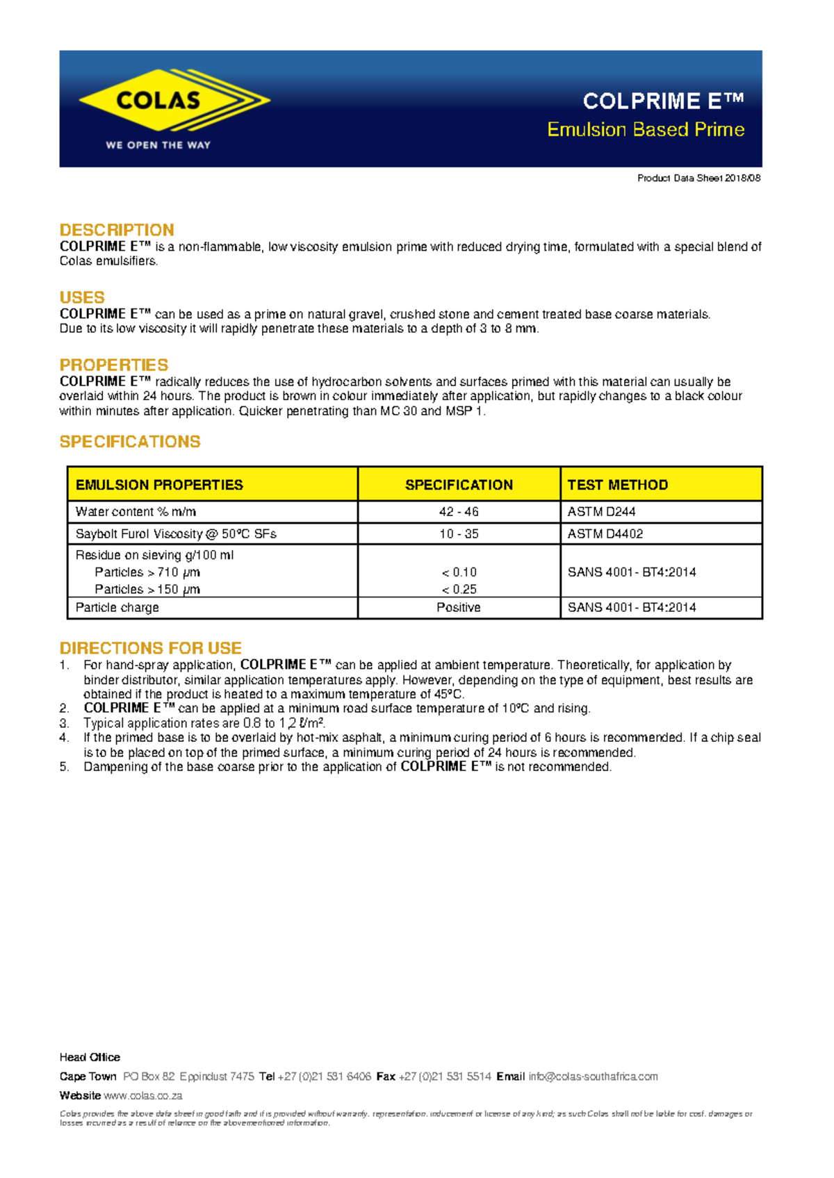 Colprime E™ Data Sheet - Emulsion for Road Construction Applications ...