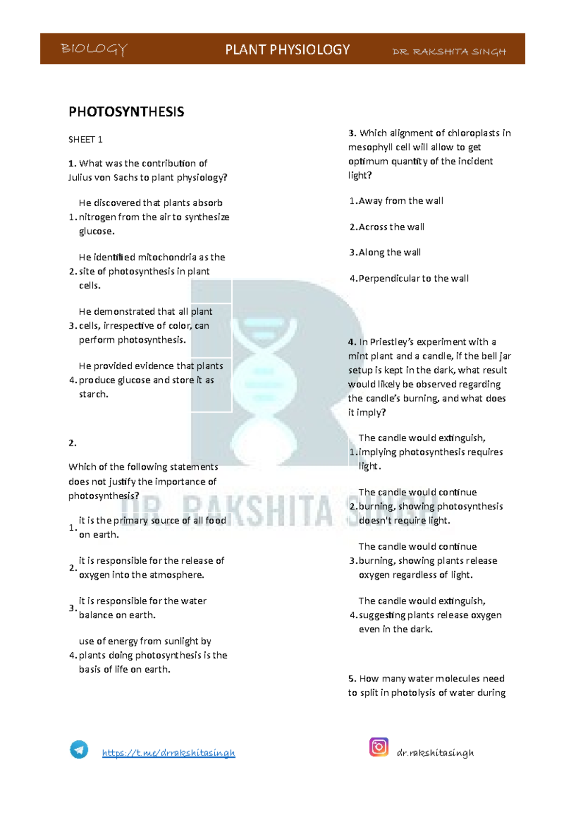 Plant Physiology DPP Worksheet - BIO - Studocu