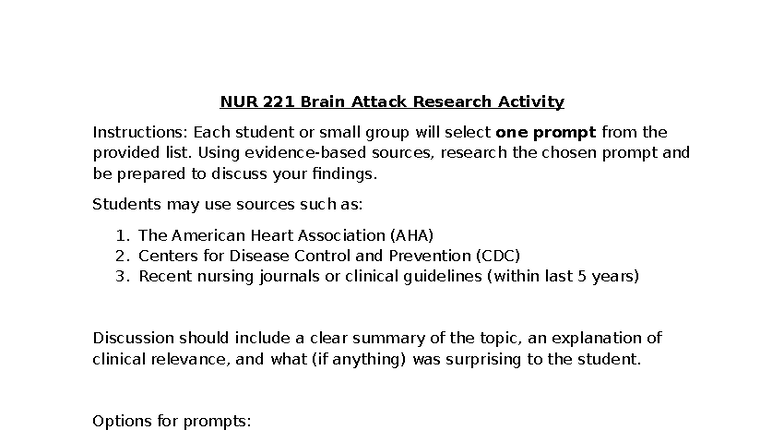 NUR 221 Brain Attack Research Activity: Exploring Stroke Management ...