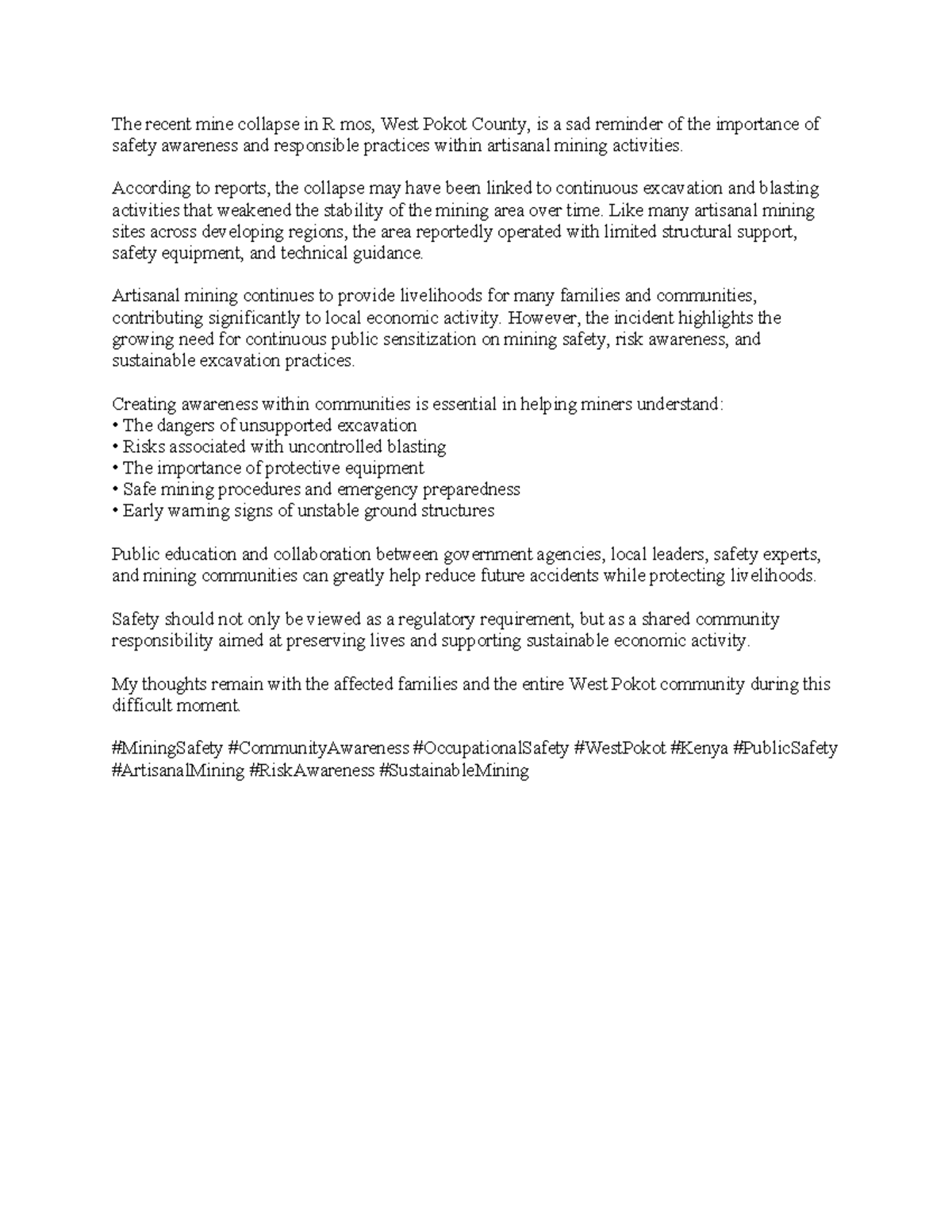 Safety Awareness and Practices in Artisanal Mining: A Case Study in ...