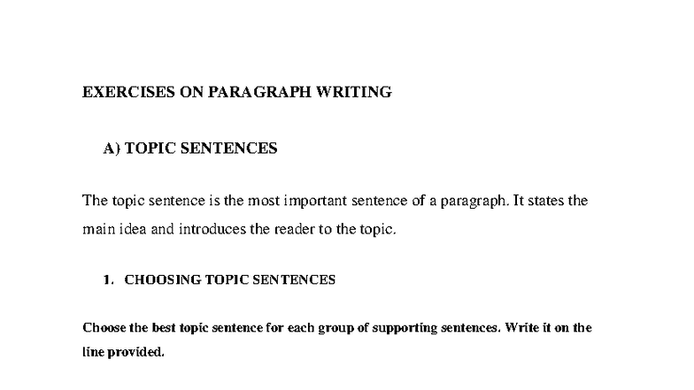 Exercises on Paragraph Writing: Topic Sentences and Supporting Details ...