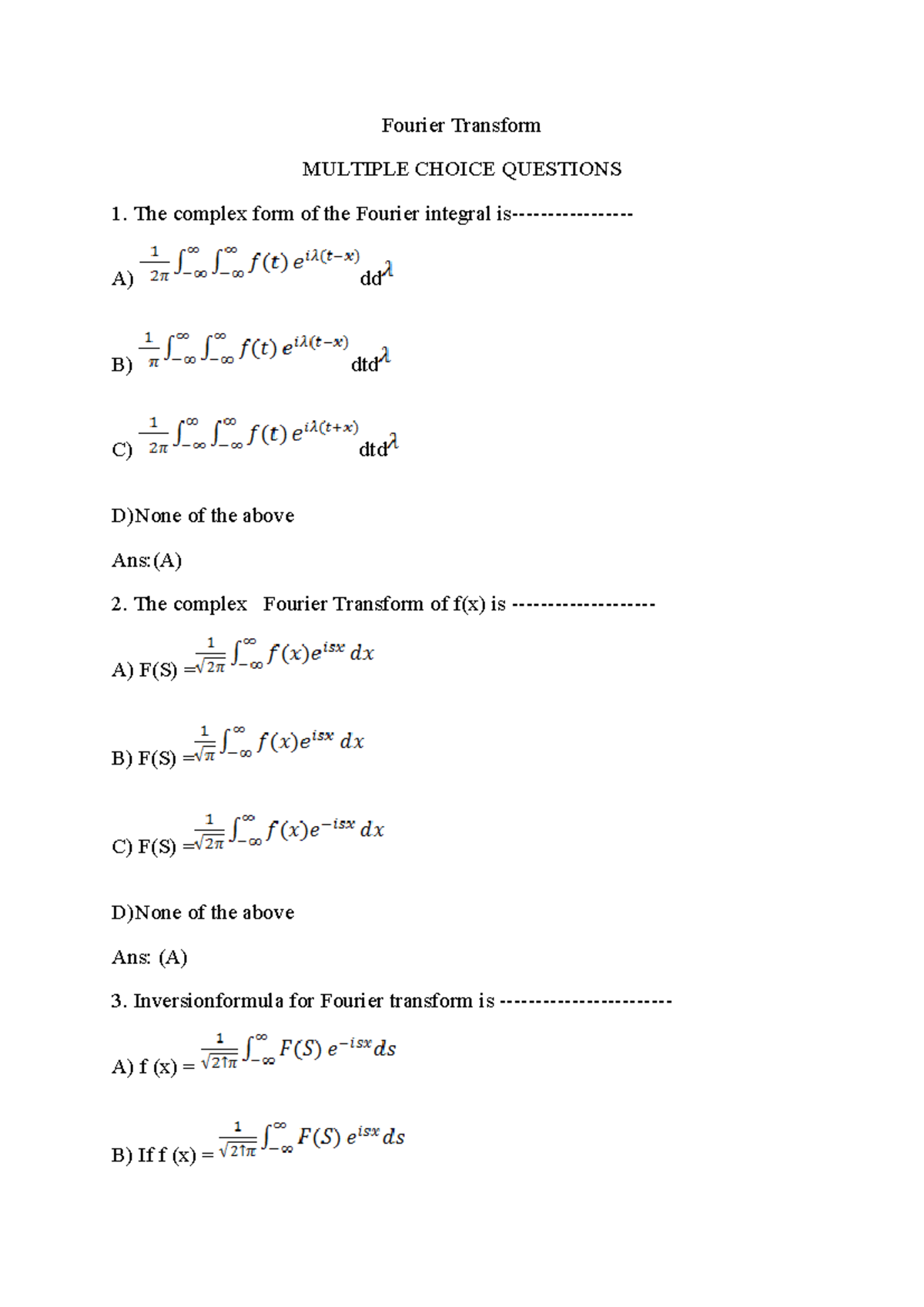 Fourier Transform - MCQ Questions and Answers - Studocu