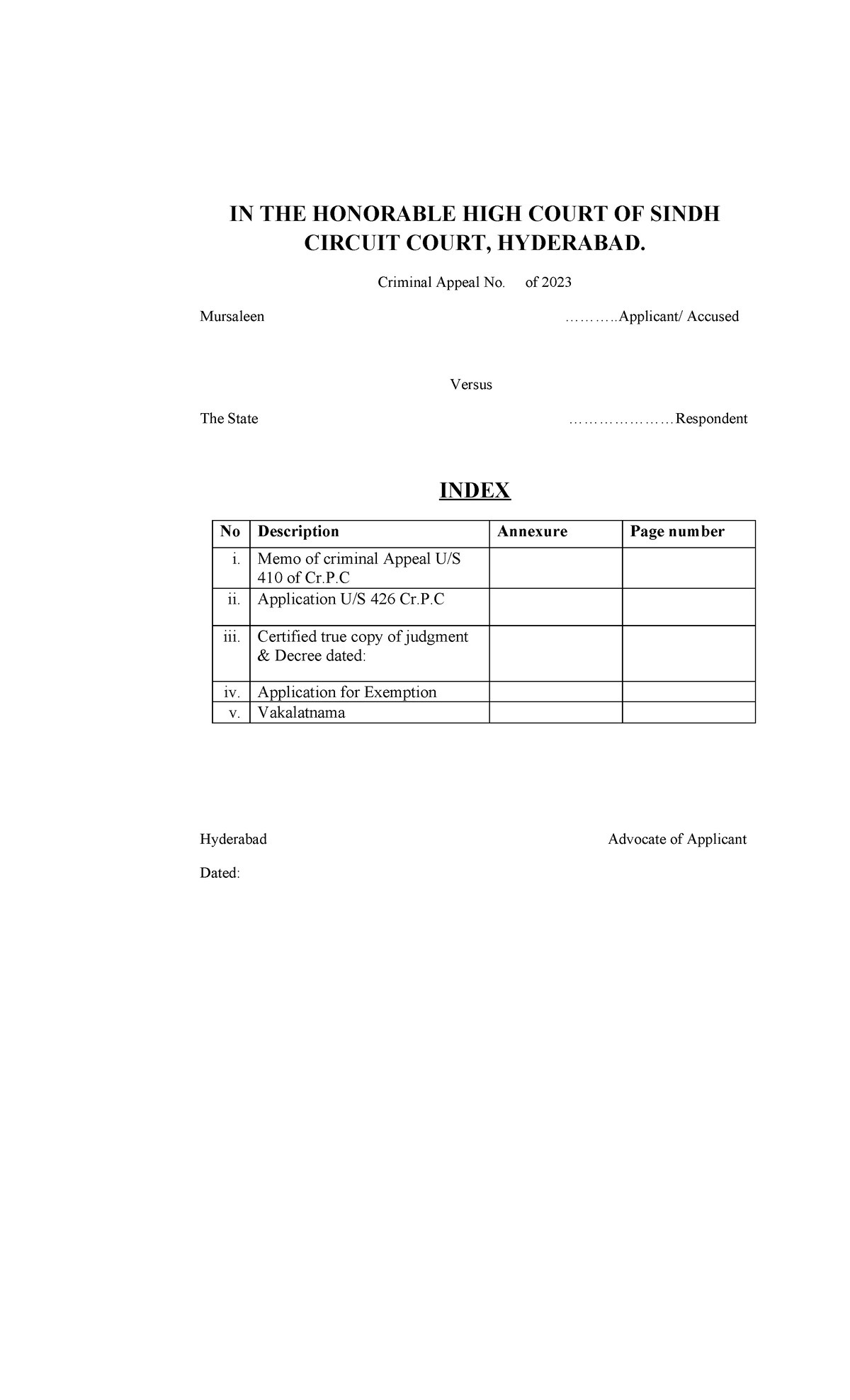 Appeal - A sample for students - CIRCUIT COURT, HYDERABAD. Criminal ...