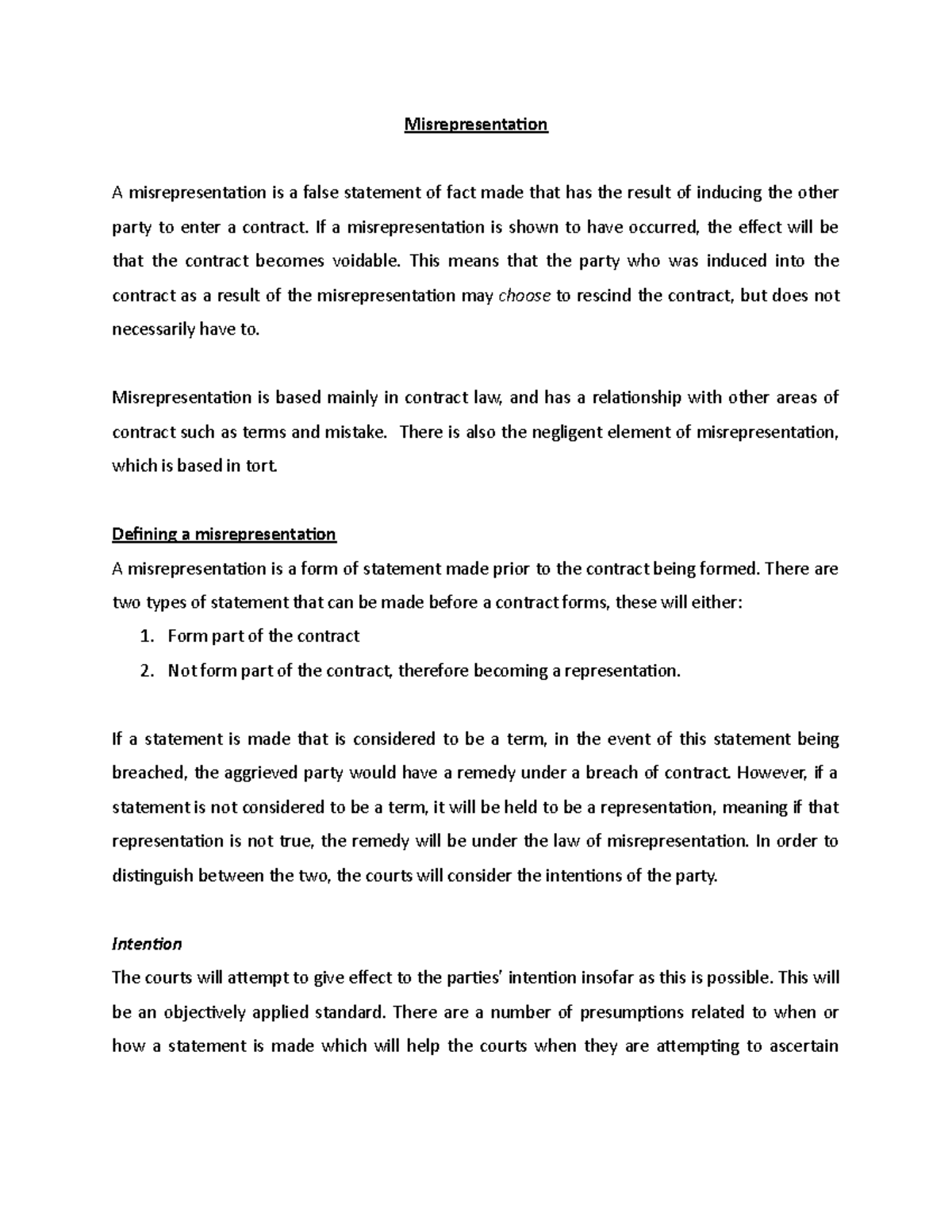 Lecture Note 6 - Misrepresentation - Misrepresentation A ...