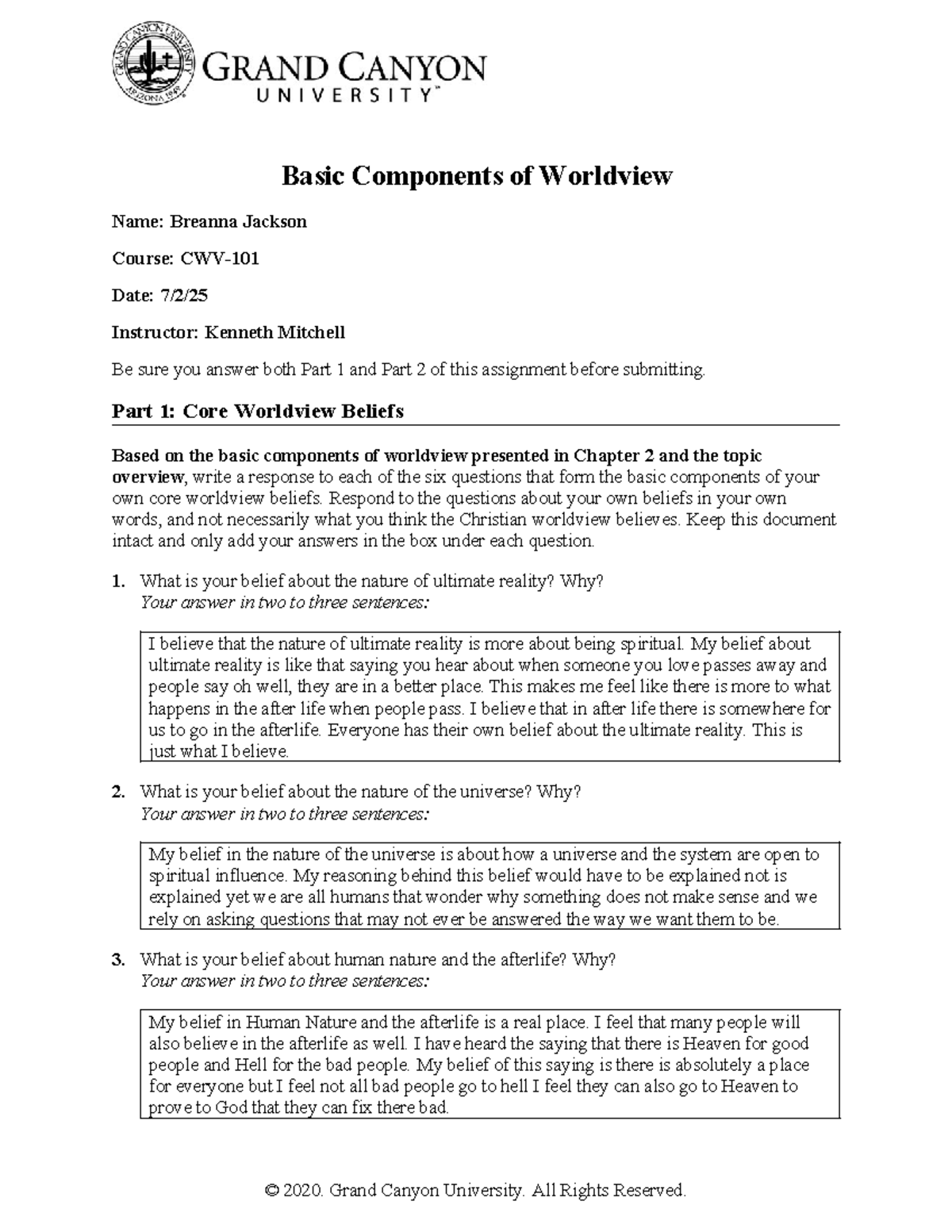 CWV 101: Basic Components of Worldview Assignment Responses - Studocu