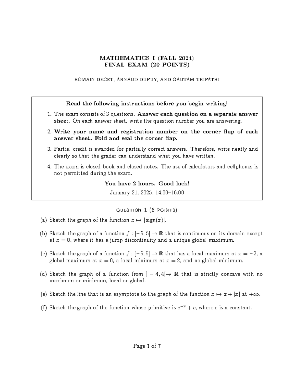 MATHEMATICS I (FALL 2024) FINAL EXAM SOLUTIONS & CORRECTIONS - Studocu