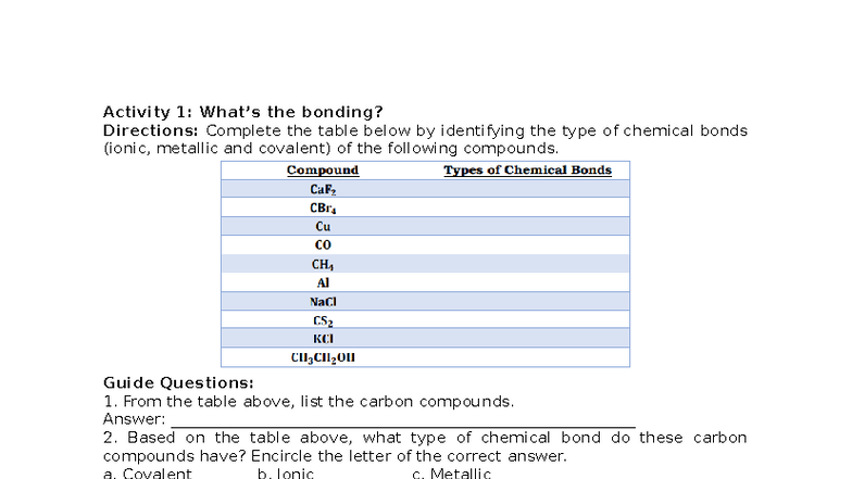 Carbon Compounds Activity Sheets: Bonding Types & Hydrocarbons - Studocu