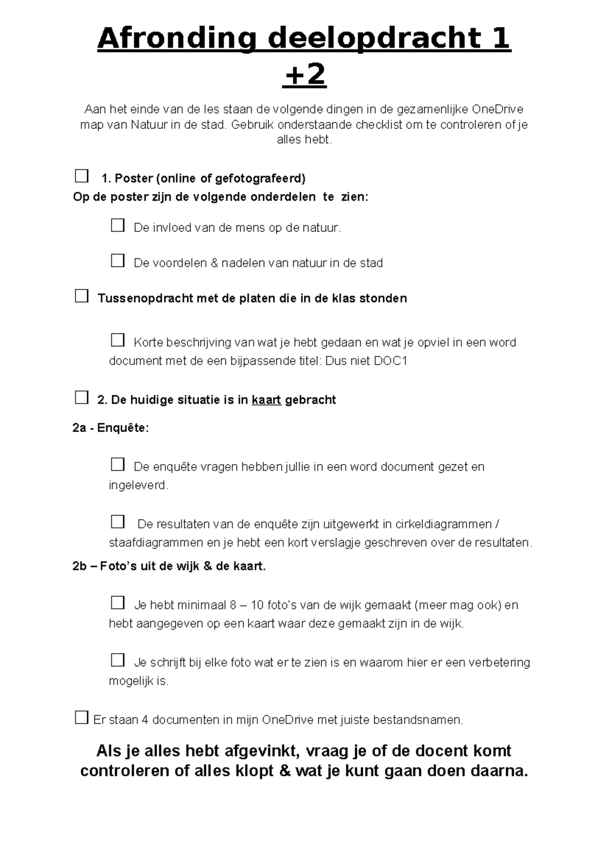 Checklist Afronding Deelopdracht Project Natuur in de Stad - Studeersnel