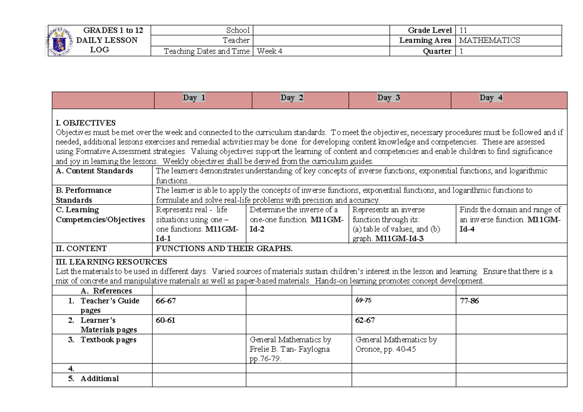 DLL Gen Math 11 Week 4: Inverse & Exponential Functions - Studocu