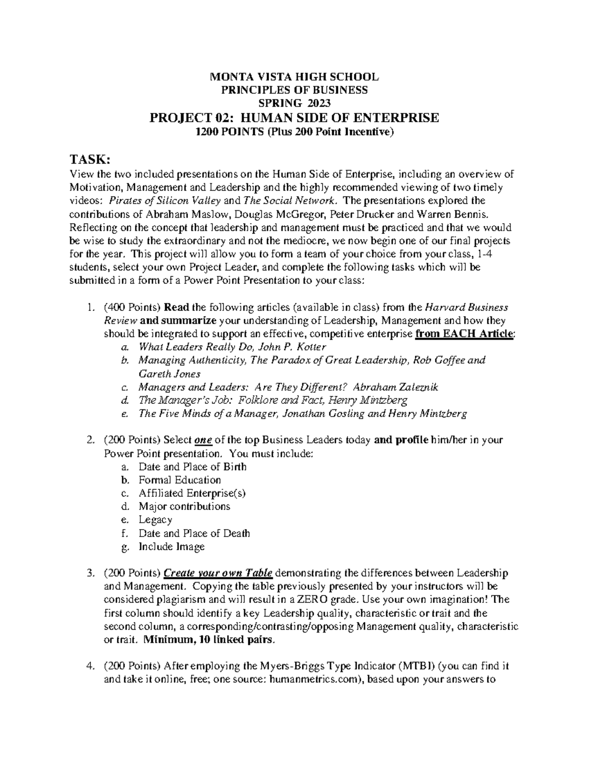 POB P02: Project 02 - Human Side of Enterprise Overview (Spring 2023 ...