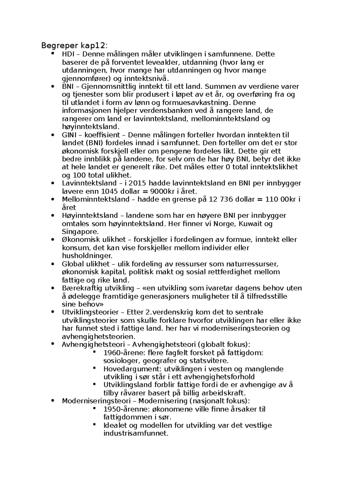 Begreper kap 12-14: HDI, GINI, og Sosial Ulikhet - Notater - Studocu