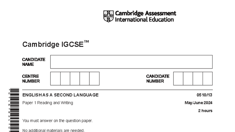 0510 2024MJ 13 - Cambridge ESL Paper 1 Reading & Writing Exam - Studocu