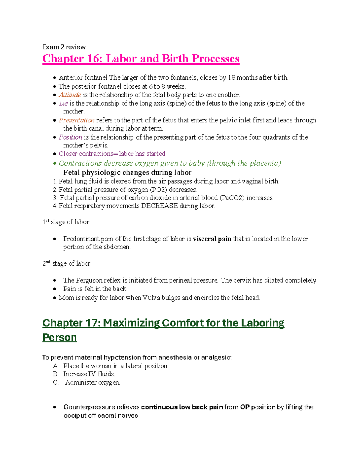 Exam 2 Review: Labor and Birth Processes (Chapters 16-28) - Studocu