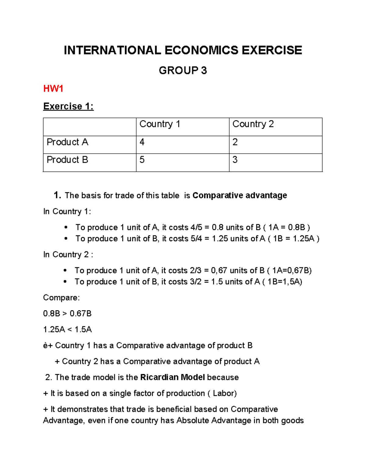 INTL ECON HW1: Comparative Advantage & Trade Models Analysis - Studocu