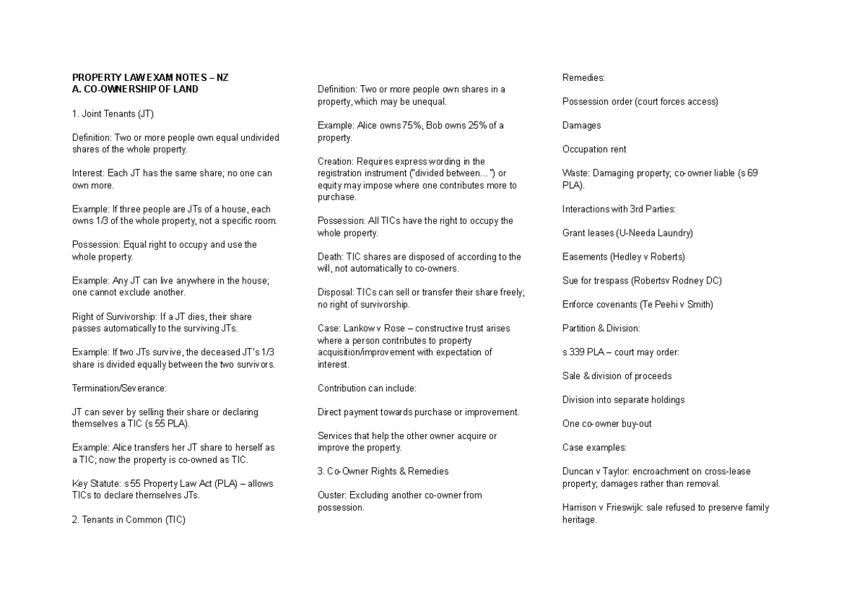 REAL PROP EXAM CHEAT SHEET NZ: PROPERTY LAW REMEDIES & OWNERSHIP TYPES ...