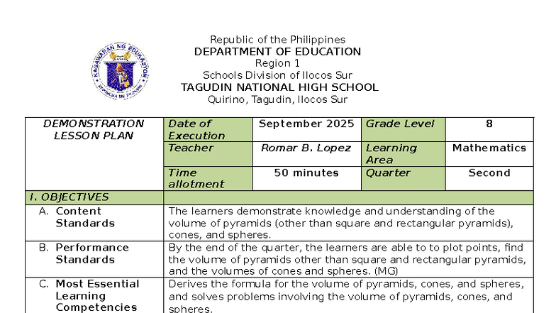 Demonstration Lesson Plan: Volume of Pyramids, Cones, and Spheres (Math ...