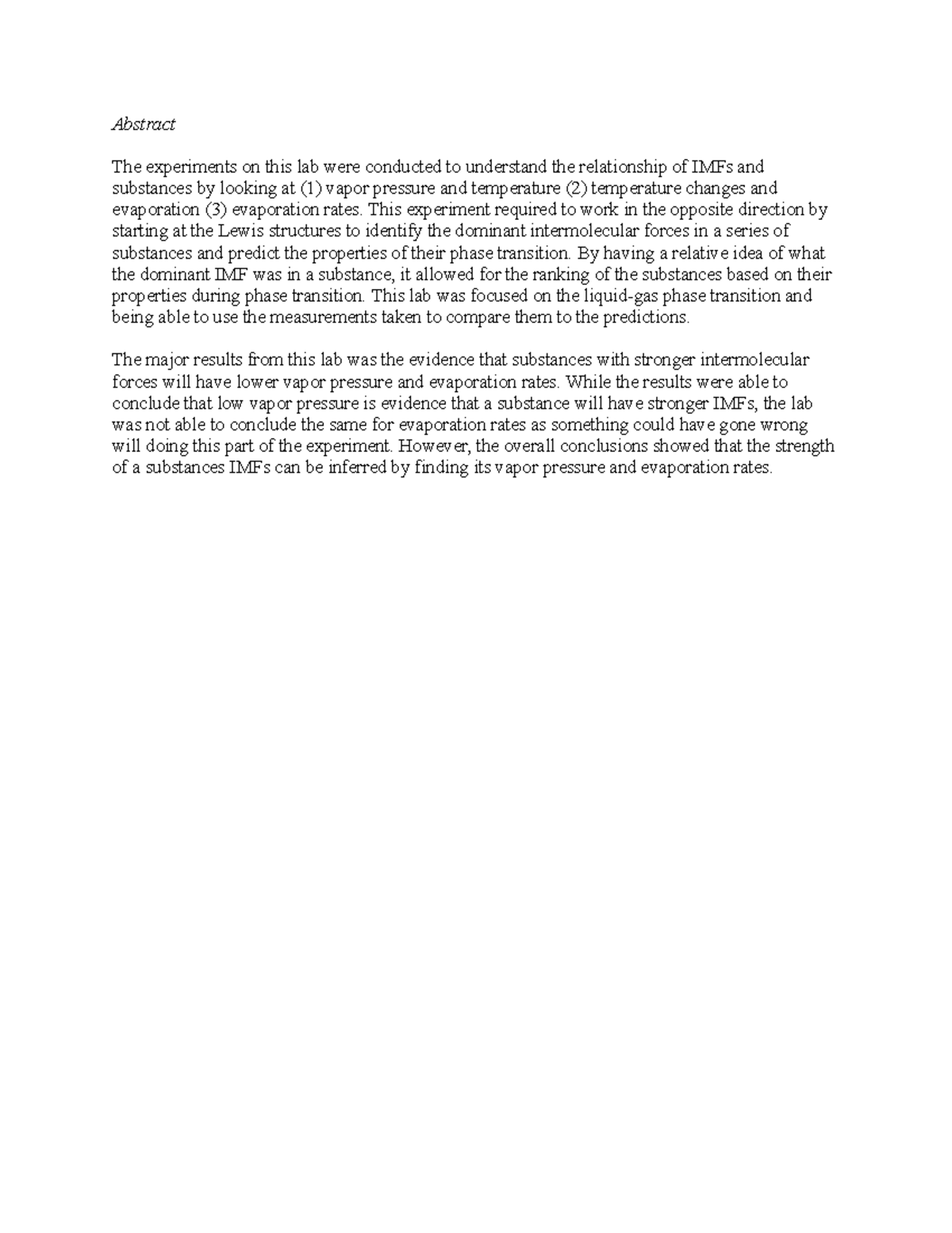 Post Lab 11 - Intermolecular Forces: Vapor Pressure & Evaporation Rates ...